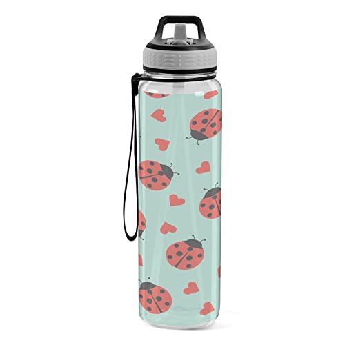 xigua Ladybug Water Bottle with Straw Lid,32 oz Leakproof Sport Water Bottle with Wide Handle for Gym,Cycling,School,Travel