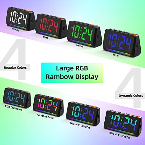 Super Loud Dual Alarm Clock with Ultrathin Bed Shaker, 99dB Loud Buzzer, Large RGB Rainbow Display, LED Night Light, USB Charger Port, Bedside Vibrating Alarm Clock for Heavy Sleepers, Adults, Bedroom