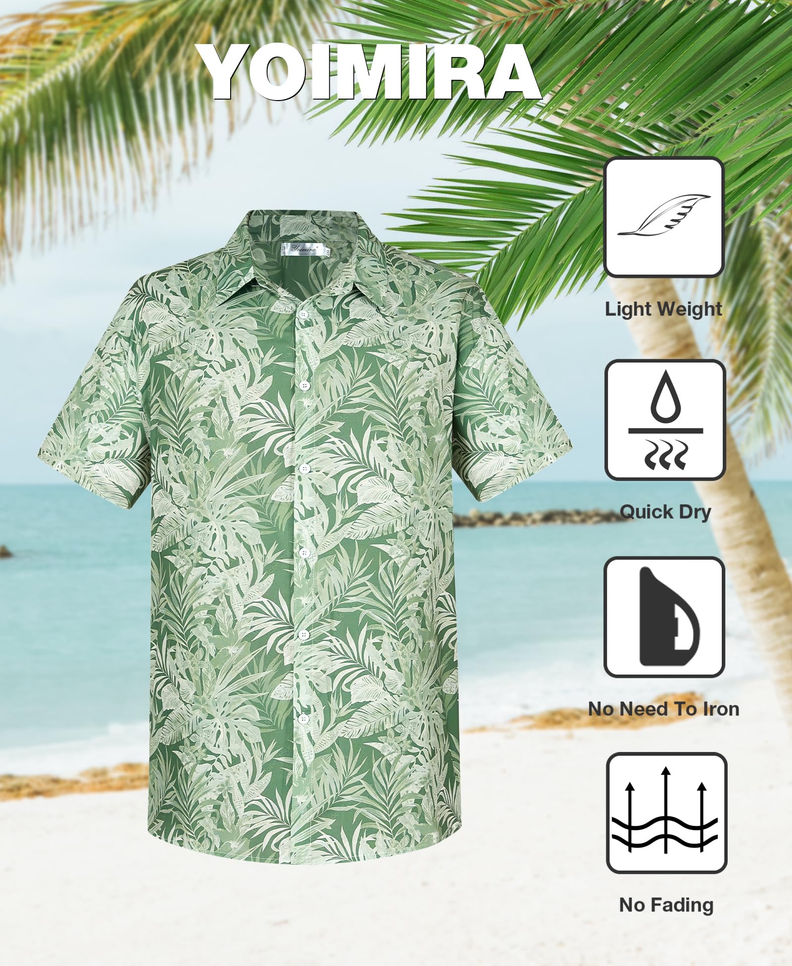Yoimira Hawaiian Shirts for Men, Print Mens Casual Short Sleeve Button Down Shirts Floral Aloha Beach Shirt Light Green