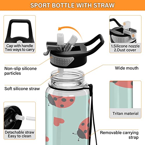 xigua Ladybug Water Bottle with Straw Lid,32 oz Leakproof Sport Water Bottle with Wide Handle for Gym,Cycling,School,Travel