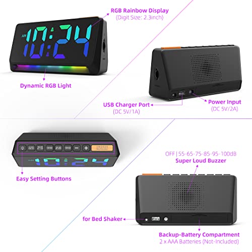 Super Loud Dual Alarm Clock with Ultrathin Bed Shaker, 99dB Loud Buzzer, Large RGB Rainbow Display, LED Night Light, USB Charger Port, Bedside Vibrating Alarm Clock for Heavy Sleepers, Adults, Bedroom