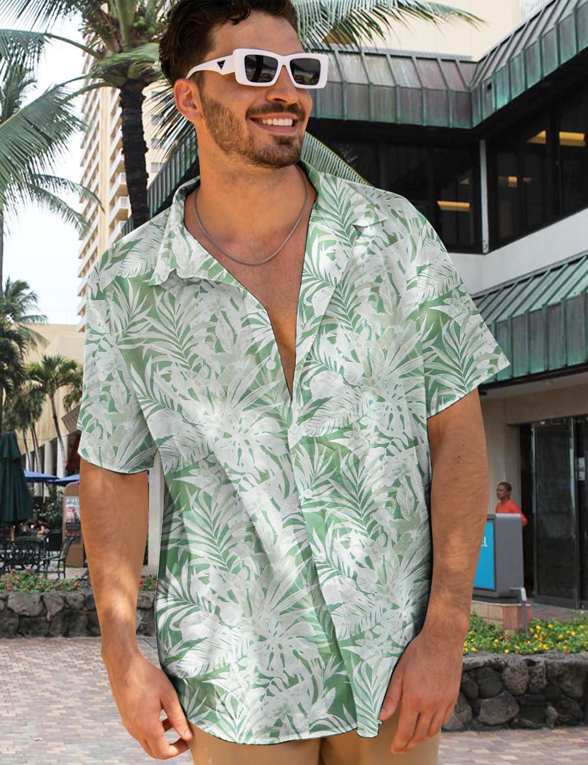 Yoimira Hawaiian Shirts for Men, Print Mens Casual Short Sleeve Button Down Shirts Floral Aloha Beach Shirt Light Green