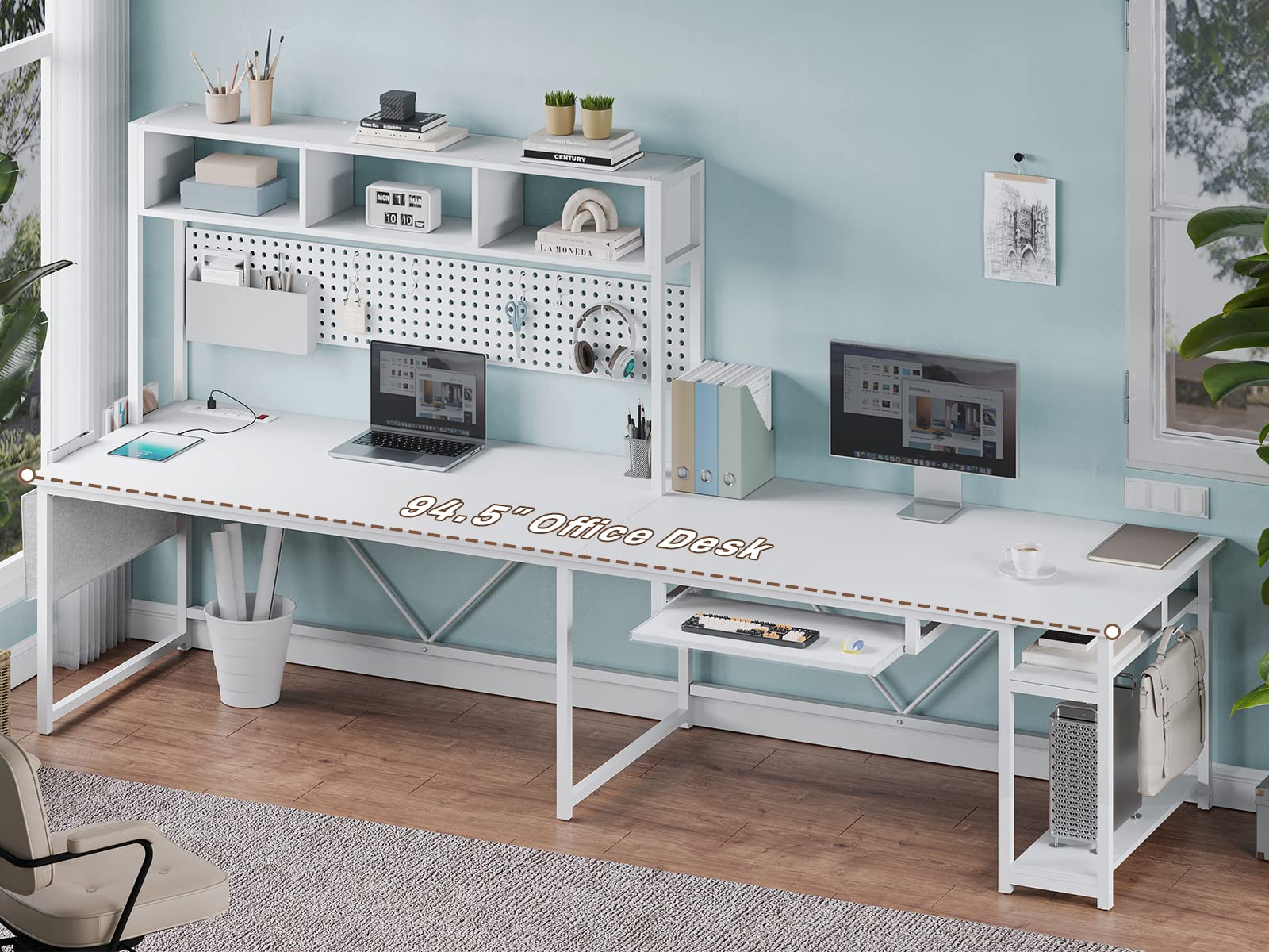 SEDETA White L Shaped Gaming Desk, Reversible Corner Desk with Power Outlet and Pegboard, L Shaped Desk with Hutch, Storage Shelf, Keyboard Tray, and LED Lights for Home Office, White