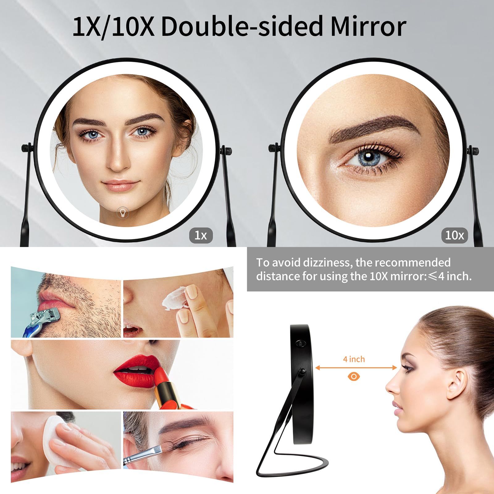 DOWRY 8.5'' Lighted Makeup Vanity Mirror with Magnification, Rechargeable 1x 10x Magnifying Mirror with 3 Color Light Brightness Adjustable, 360°Rotation Double Side Desk Cosmetic Mirror…