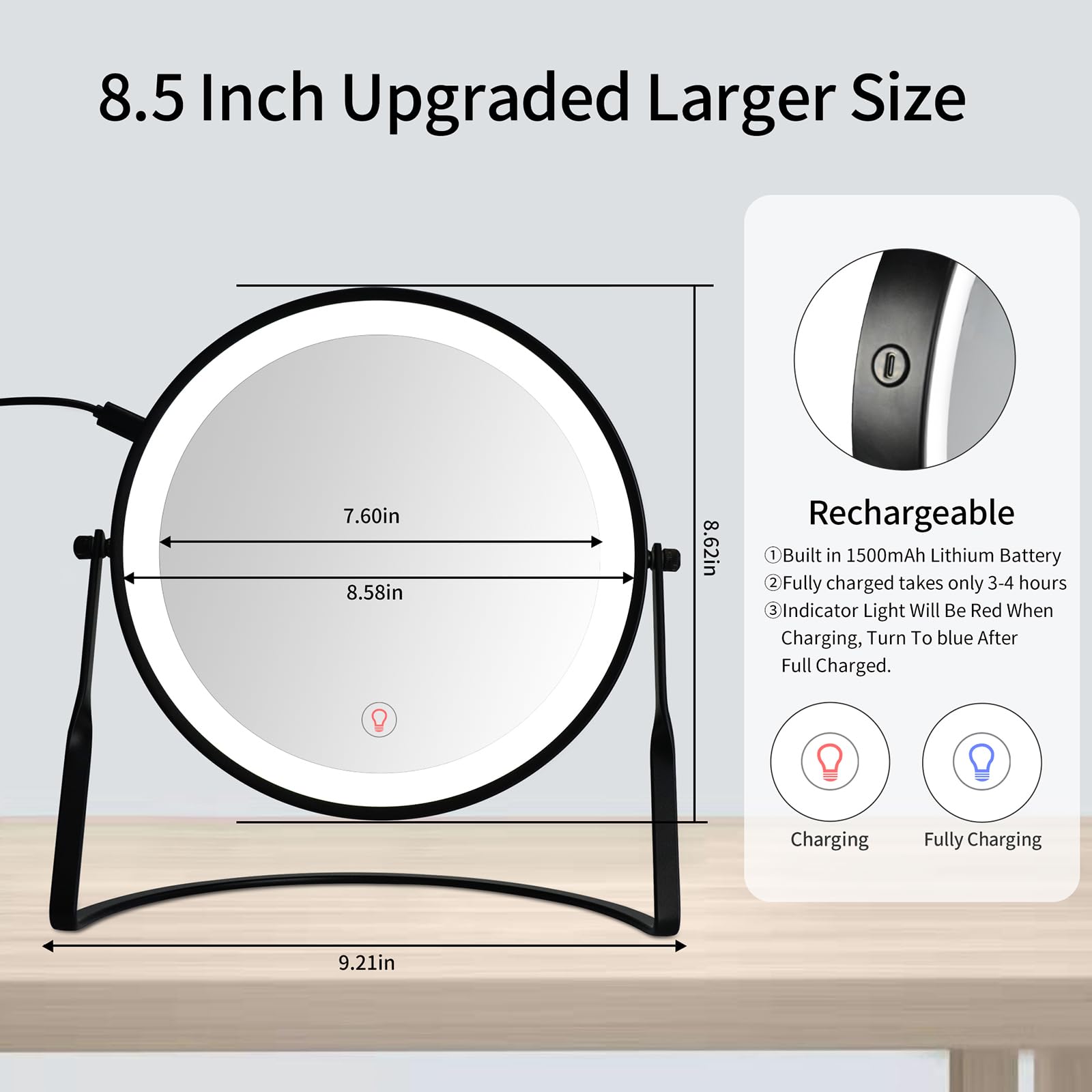 DOWRY 8.5'' Lighted Makeup Vanity Mirror with Magnification, Rechargeable 1x 10x Magnifying Mirror with 3 Color Light Brightness Adjustable, 360°Rotation Double Side Desk Cosmetic Mirror…