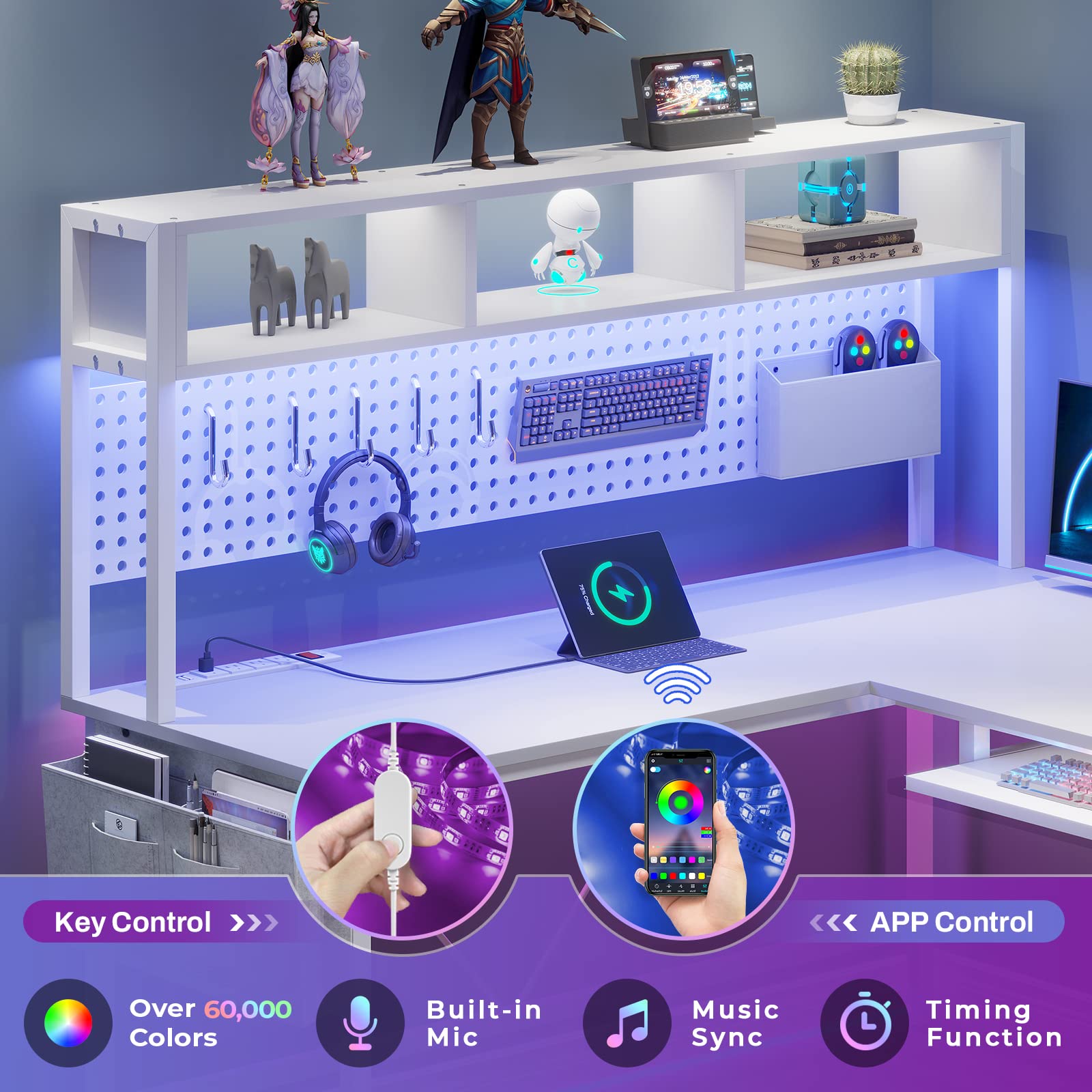 SEDETA White L Shaped Gaming Desk, Reversible Corner Desk with Power Outlet and Pegboard, L Shaped Desk with Hutch, Storage Shelf, Keyboard Tray, and LED Lights for Home Office, White