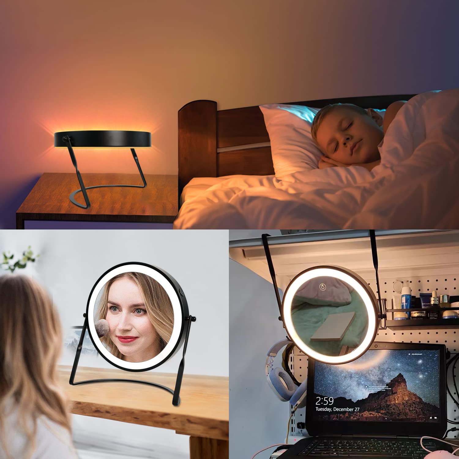 DOWRY 8.5'' Lighted Makeup Vanity Mirror with Magnification, Rechargeable 1x 10x Magnifying Mirror with 3 Color Light Brightness Adjustable, 360°Rotation Double Side Desk Cosmetic Mirror…