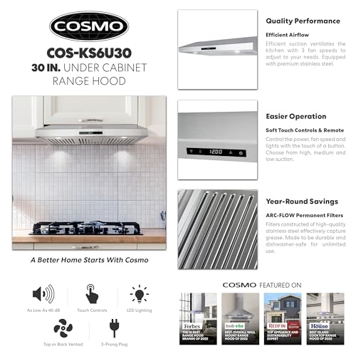 COSMO COS-KS6U30 30 in. Haven Collection 500 CFM Ducted Under Cabinet Range Hood, Touch Controls, LED Lights, Stainless Steel, 30 inch