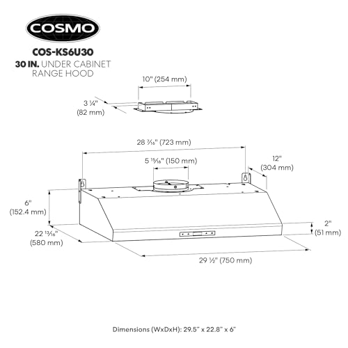 COSMO COS-KS6U30 30 in. Haven Collection 500 CFM Ducted Under Cabinet Range Hood, Touch Controls, LED Lights, Stainless Steel, 30 inch