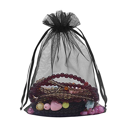 HRX Package Black Organza Bags 5x7 inch 100pcs, Mesh Candy Bags Jewelry Pouches Drawstring Empty Sachet for Present Wedding Giveaways