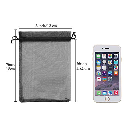 HRX Package Black Organza Bags 5x7 inch 100pcs, Mesh Candy Bags Jewelry Pouches Drawstring Empty Sachet for Present Wedding Giveaways