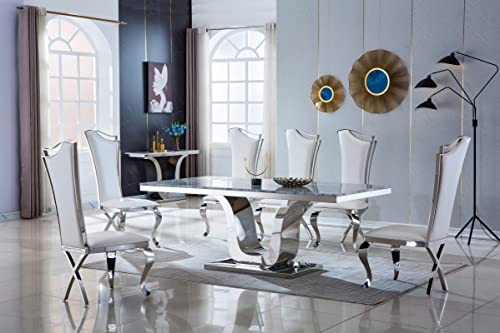 78'' Marble Dining Room Table for 6 or 8, Dining Table with Silver Stainless Steel "U" Shaped Pedestal, Rectangular Kitchen Table with 0.71'' Thick Gray Marble Tabletop, Mirror Finish Base(No Chairs)