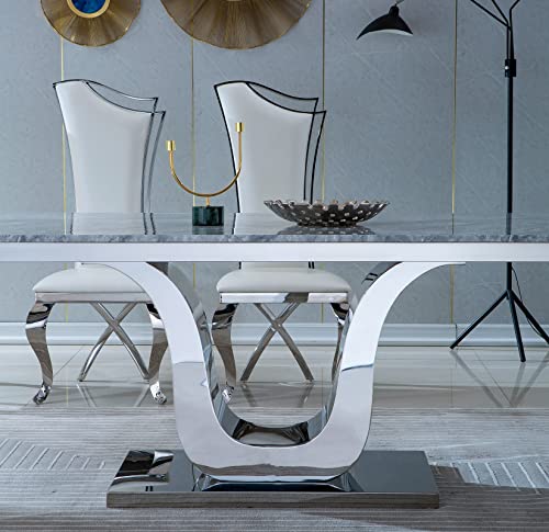 78'' Marble Dining Room Table for 6 or 8, Dining Table with Silver Stainless Steel "U" Shaped Pedestal, Rectangular Kitchen Table with 0.71'' Thick Gray Marble Tabletop, Mirror Finish Base(No Chairs)