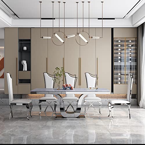 78'' Marble Dining Room Table for 6 or 8, Dining Table with Silver Stainless Steel "U" Shaped Pedestal, Rectangular Kitchen Table with 0.71'' Thick Gray Marble Tabletop, Mirror Finish Base(No Chairs)