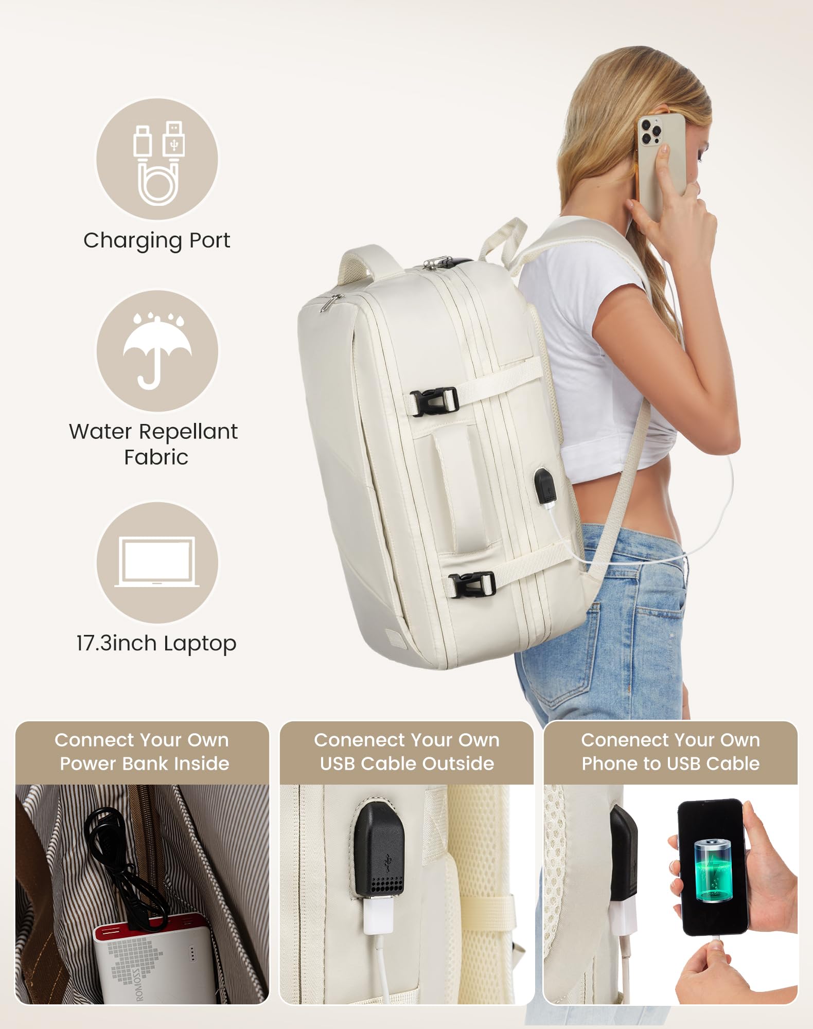 LOVEVOOK Travel Backpack for Women, 40L Carry On Backpack Flight Approved, Waterproof 17 Inch Laptop Backpack with 3 Cubes, College Bookbag, Personal Item Travel Bag, Beige