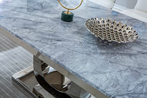 78'' Marble Dining Room Table for 6 or 8, Dining Table with Silver Stainless Steel "U" Shaped Pedestal, Rectangular Kitchen Table with 0.71'' Thick Gray Marble Tabletop, Mirror Finish Base(No Chairs)