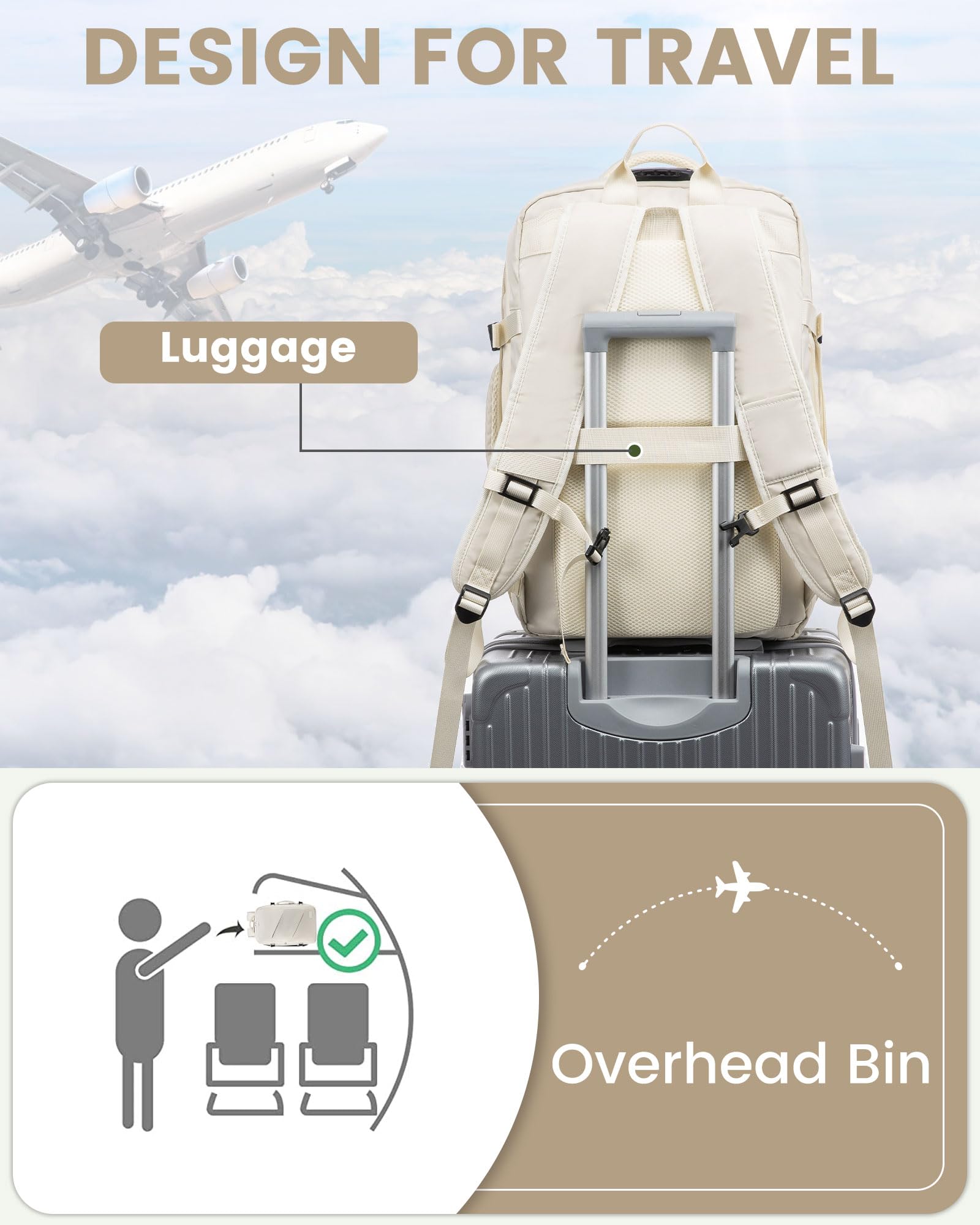 LOVEVOOK Travel Backpack for Women, 40L Carry On Backpack Flight Approved, Waterproof 17 Inch Laptop Backpack with 3 Cubes, College Bookbag, Personal Item Travel Bag, Beige