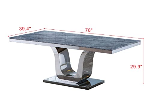 78'' Marble Dining Room Table for 6 or 8, Dining Table with Silver Stainless Steel "U" Shaped Pedestal, Rectangular Kitchen Table with 0.71'' Thick Gray Marble Tabletop, Mirror Finish Base(No Chairs)