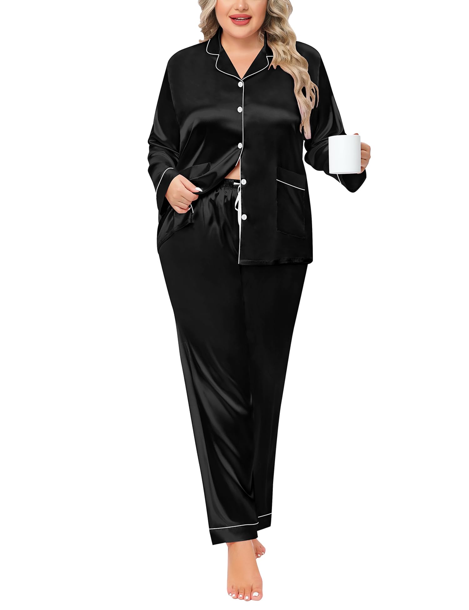 SWOMOG Women Plus Size Long Sleeve Pajamas Silk Satin Pajama Sets Button Down Sleepwear Pjs Loungewear with Pockets Black