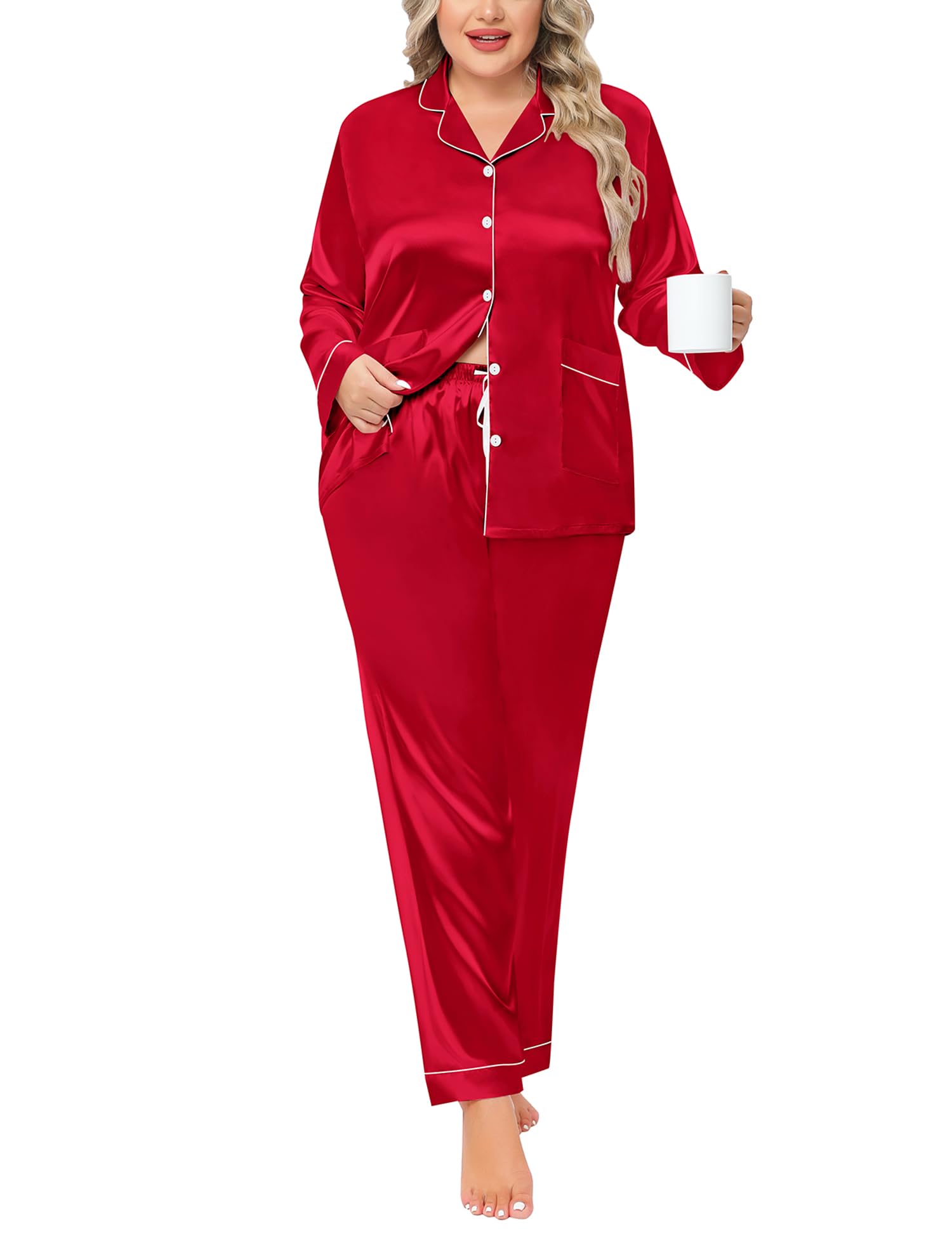 SWOMOG Women Plus Size Long Sleeve Pajamas Silk Satin Pajama Sets Button Down Sleepwear Pjs Loungewear with Pockets Red Apple