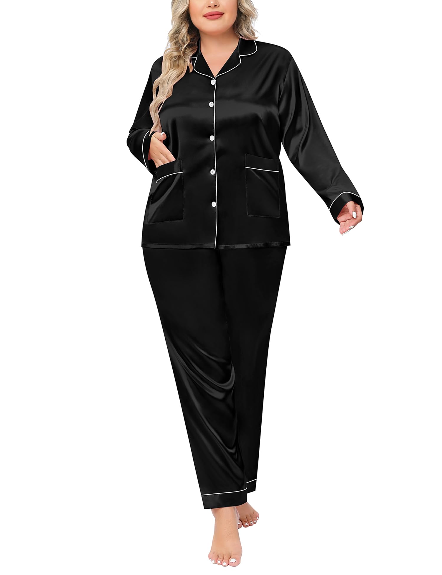 SWOMOG Women Plus Size Long Sleeve Pajamas Silk Satin Pajama Sets Button Down Sleepwear Pjs Loungewear with Pockets Black