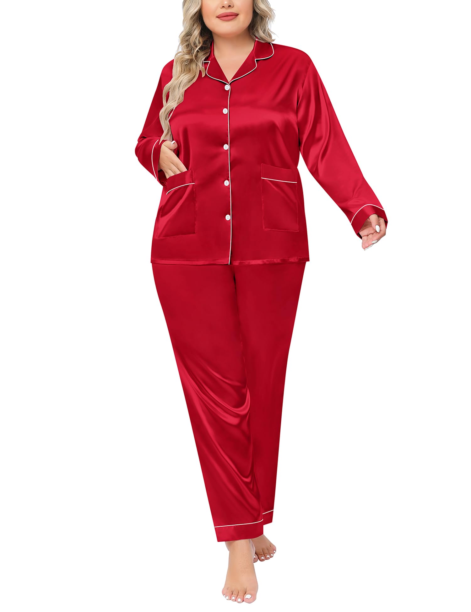SWOMOG Women Plus Size Long Sleeve Pajamas Silk Satin Pajama Sets Button Down Sleepwear Pjs Loungewear with Pockets Red Apple