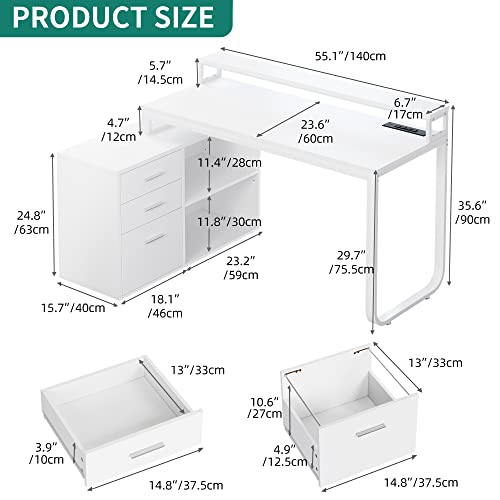YITAHOME L Shaped Desk with Power Outlets & LED Lights & File Cabinet, 55" Corner Computer Desk with 3 Drawers and 2 Storage Shelves, Home Office Desk with Monitor Stand, White