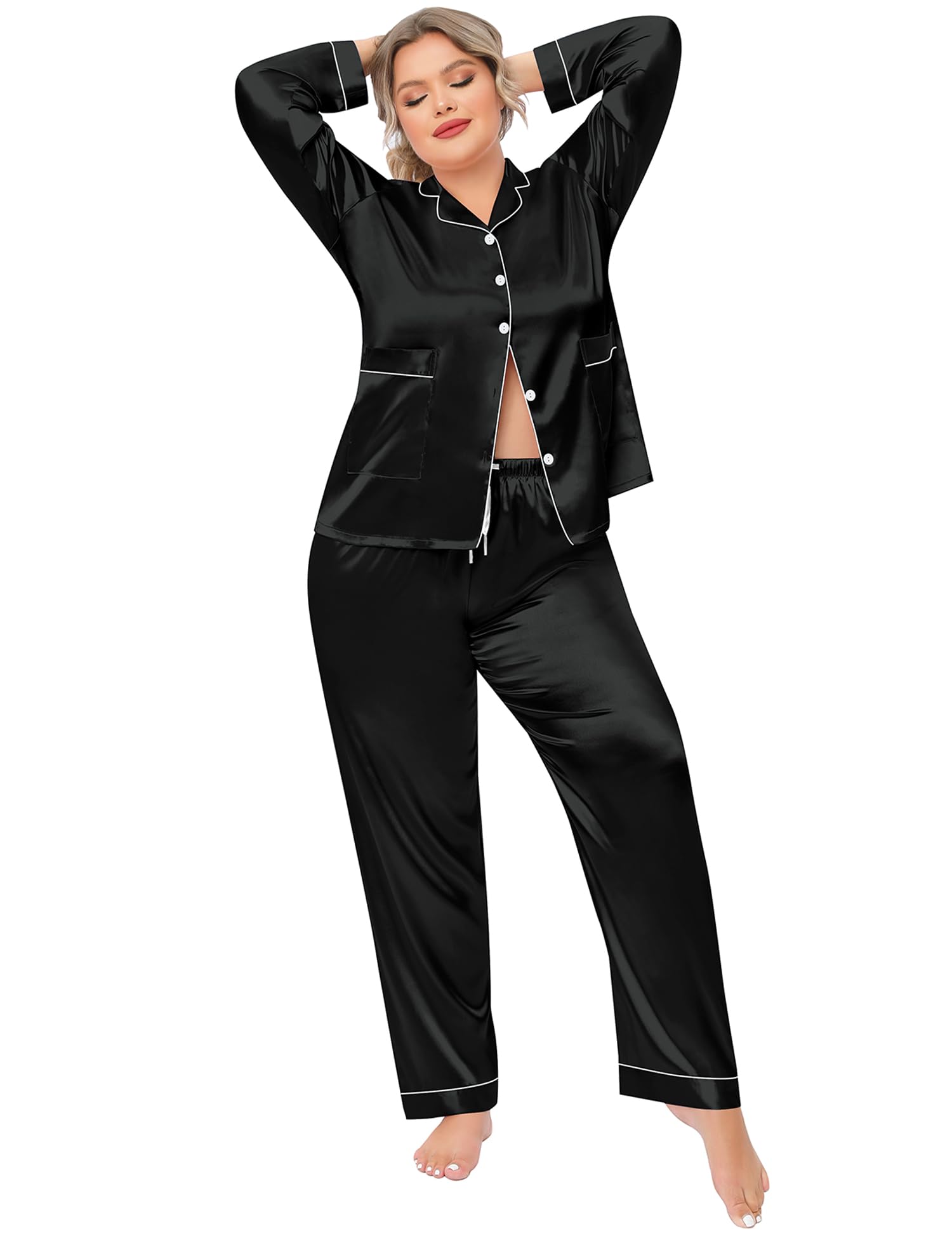 SWOMOG Women Plus Size Long Sleeve Pajamas Silk Satin Pajama Sets Button Down Sleepwear Pjs Loungewear with Pockets Black