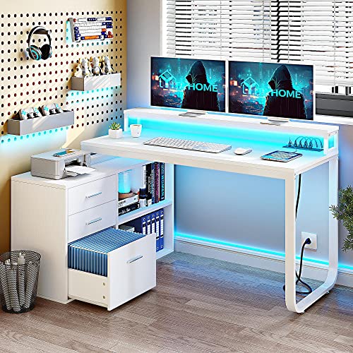 YITAHOME L Shaped Desk with Power Outlets & LED Lights & File Cabinet, 55" Corner Computer Desk with 3 Drawers and 2 Storage Shelves, Home Office Desk with Monitor Stand, White