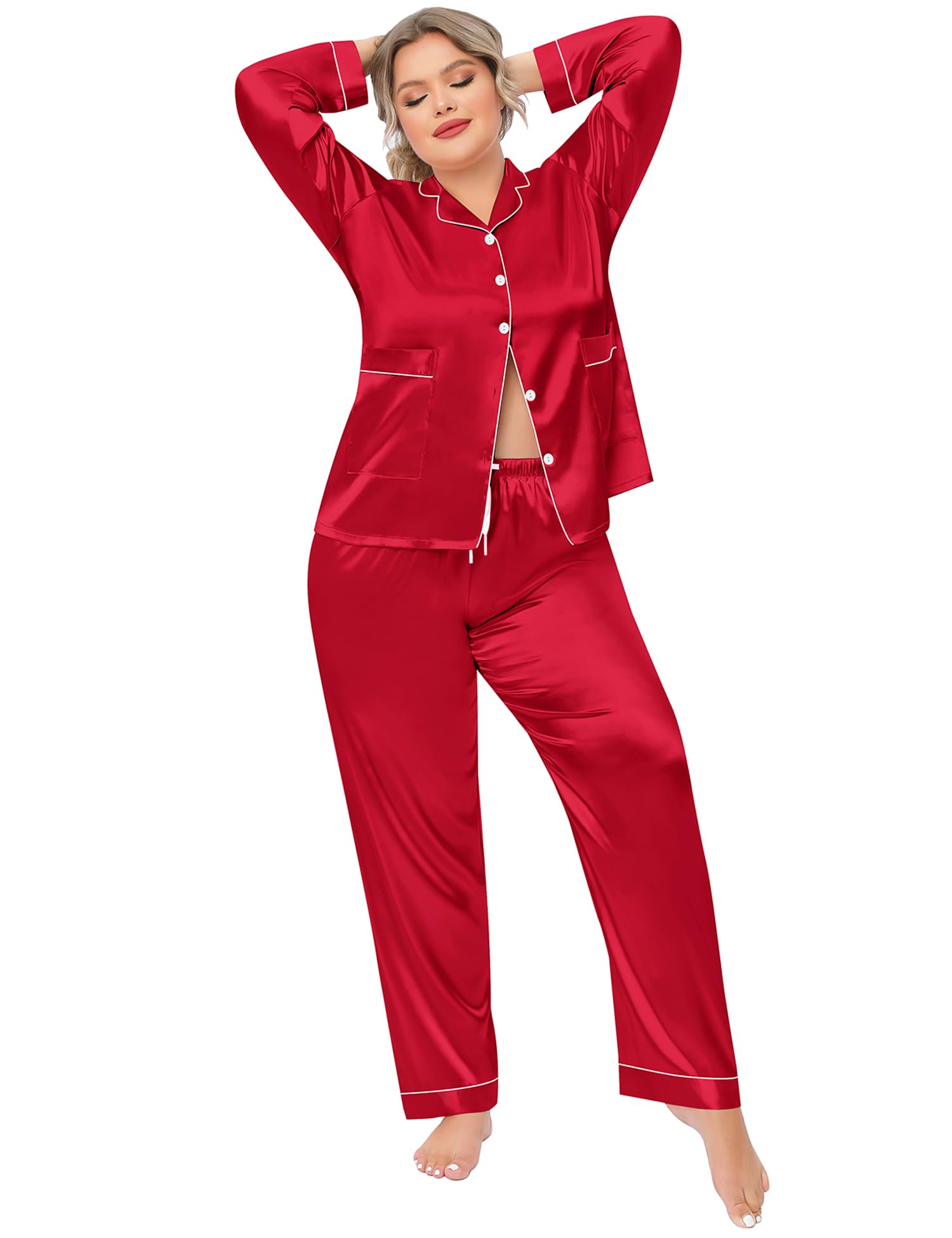 SWOMOG Women Plus Size Long Sleeve Pajamas Silk Satin Pajama Sets Button Down Sleepwear Pjs Loungewear with Pockets Red Apple