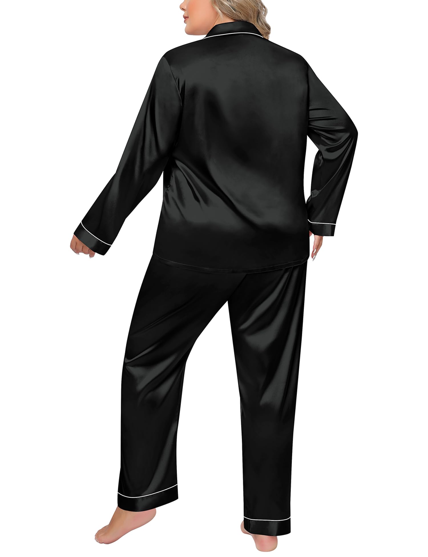 SWOMOG Women Plus Size Long Sleeve Pajamas Silk Satin Pajama Sets Button Down Sleepwear Pjs Loungewear with Pockets Black