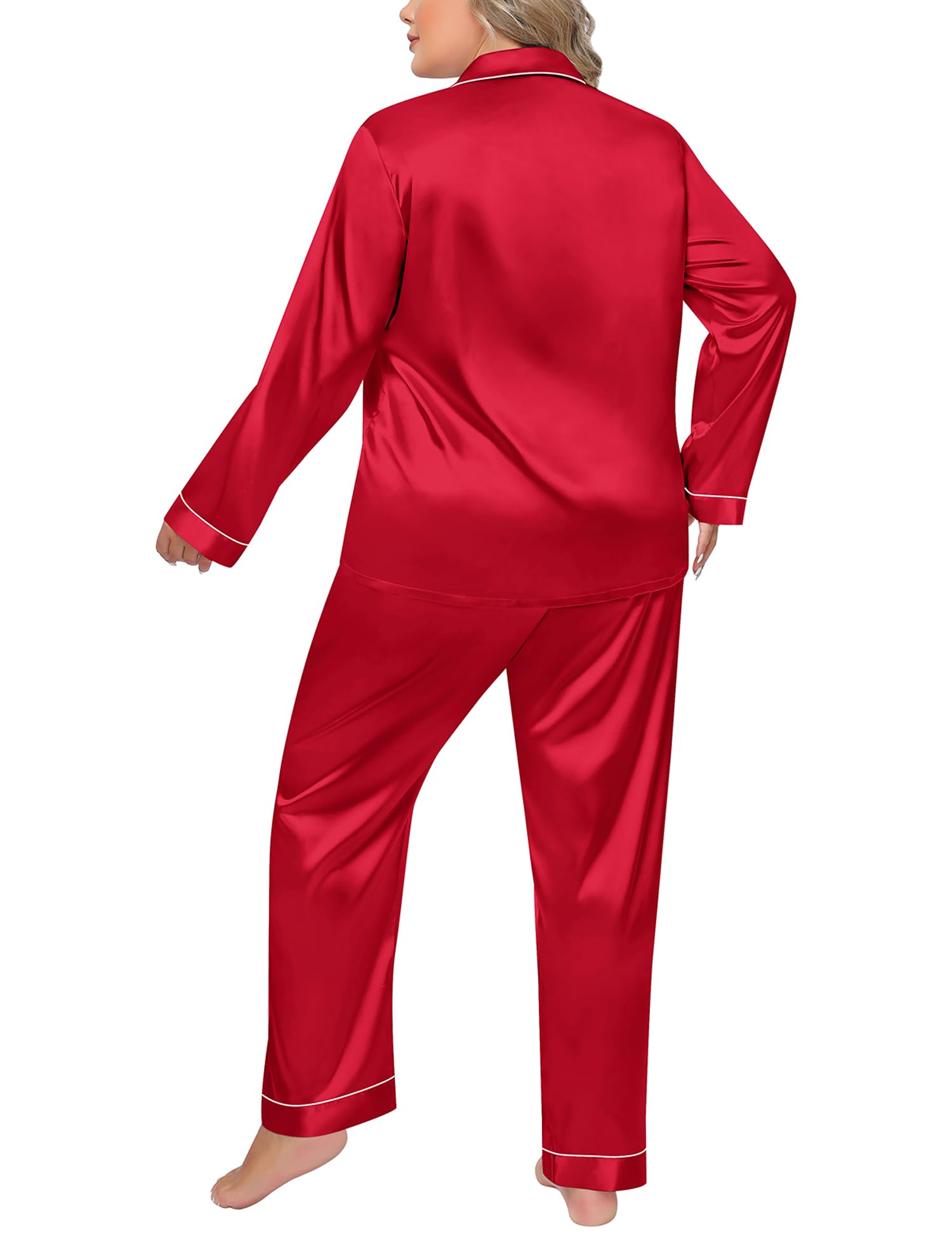 SWOMOG Women Plus Size Long Sleeve Pajamas Silk Satin Pajama Sets Button Down Sleepwear Pjs Loungewear with Pockets Red Apple