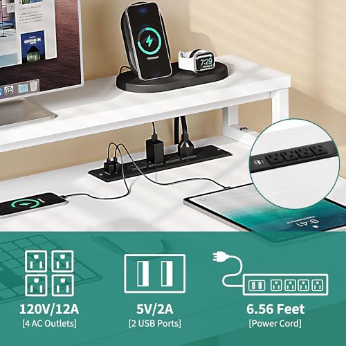 YITAHOME L Shaped Desk with Power Outlets & LED Lights & File Cabinet, 55" Corner Computer Desk with 3 Drawers and 2 Storage Shelves, Home Office Desk with Monitor Stand, White