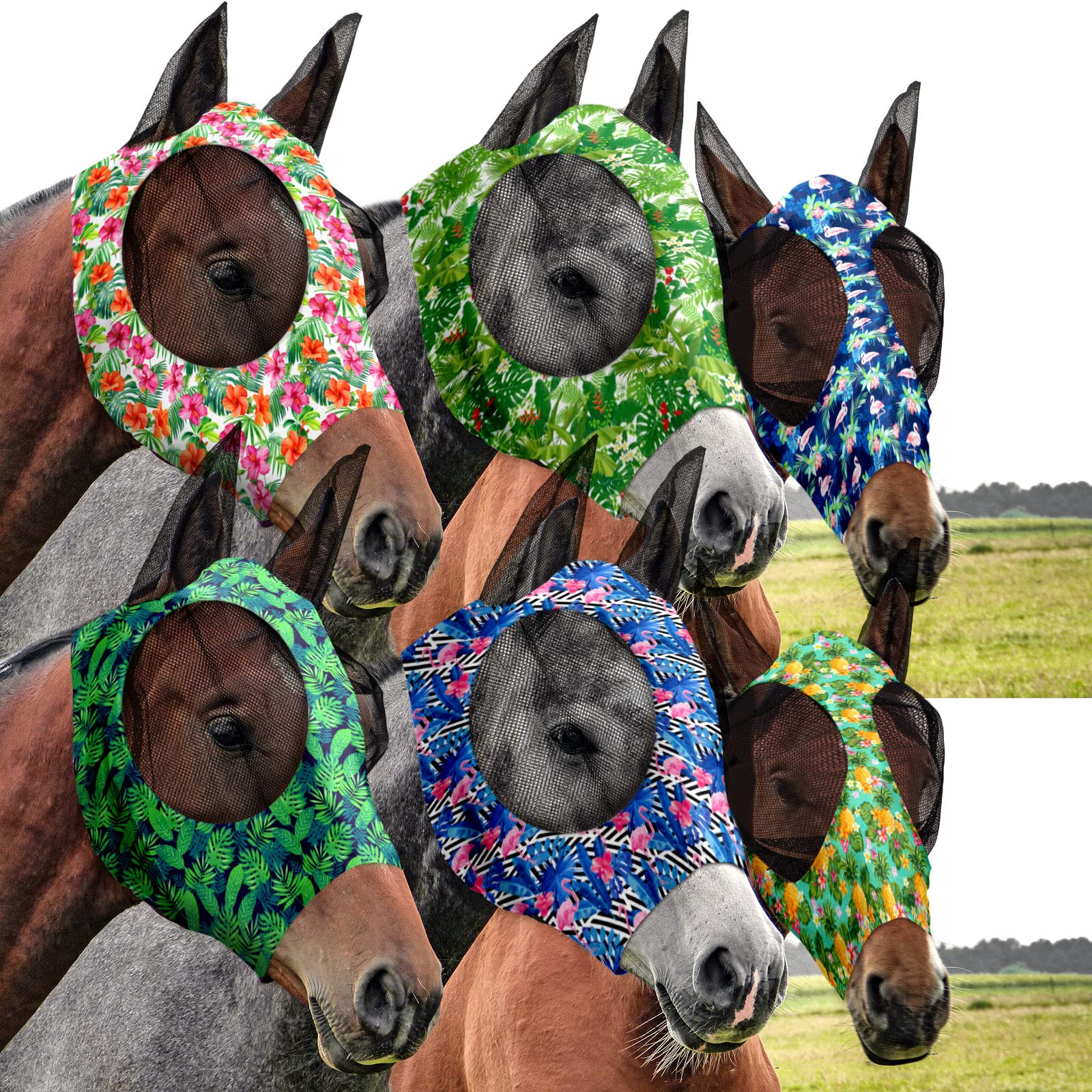 Chunful 6 Pcs Horse Fly Masks for Horses with Ears Smooth and Comfortable Fly Masks Cashel Fly Mask Elasticity Horse Face Mask Horse Masks Covering for Horses Riding Supplies(Large, Flamingo)
