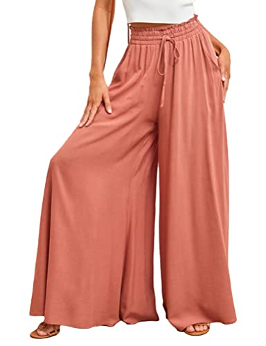Xiaowhite Linen Pants for Women High Waisted Elastic Drawstring Wide Leg Trousers Casual Gaucho Beach Flowy Palazzo Pants for Women Dressy Spring Summer Boho Clothes Outfits 2023(Orange,XL)
