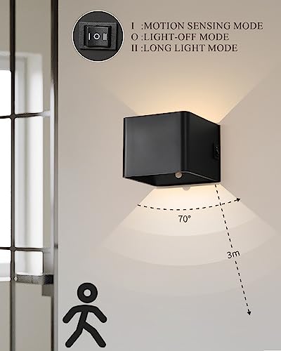 pasentel Indoor LED Motion Sensor Wall Lamp with Button Switch, Cordless Rechargeable USB Wall Sconce Lights Battery Powered Bedside Lamps for Bedroom Children's Room(Black, 3000K), BD026-LED-BK1