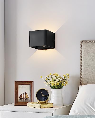 pasentel Indoor LED Motion Sensor Wall Lamp with Button Switch, Cordless Rechargeable USB Wall Sconce Lights Battery Powered Bedside Lamps for Bedroom Children's Room(Black, 3000K), BD026-LED-BK1
