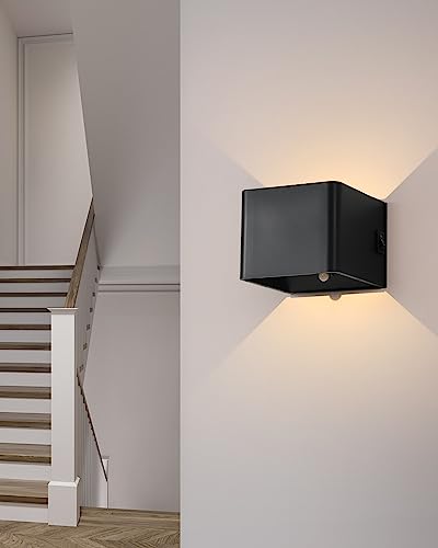 pasentel Indoor LED Motion Sensor Wall Lamp with Button Switch, Cordless Rechargeable USB Wall Sconce Lights Battery Powered Bedside Lamps for Bedroom Children's Room(Black, 3000K), BD026-LED-BK1