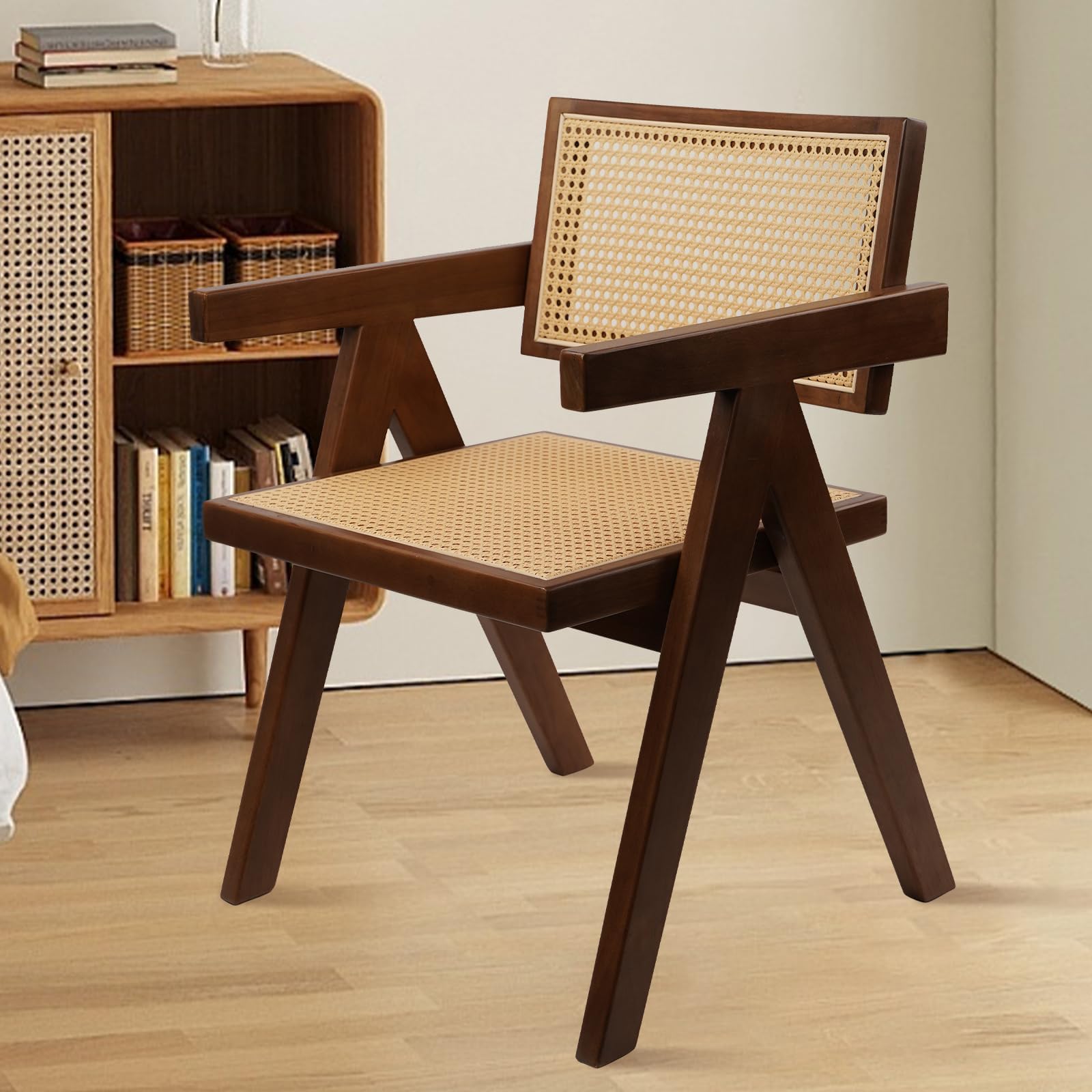 CLATINA Rattan Reading Chair for Bedroom Comfy Indoor Kitchen Dining Chair with Rattan Backrest Armrest Morden Upholstered Seat Wood Chair for Home Living Room Farmhouse Restaurant(1PK)