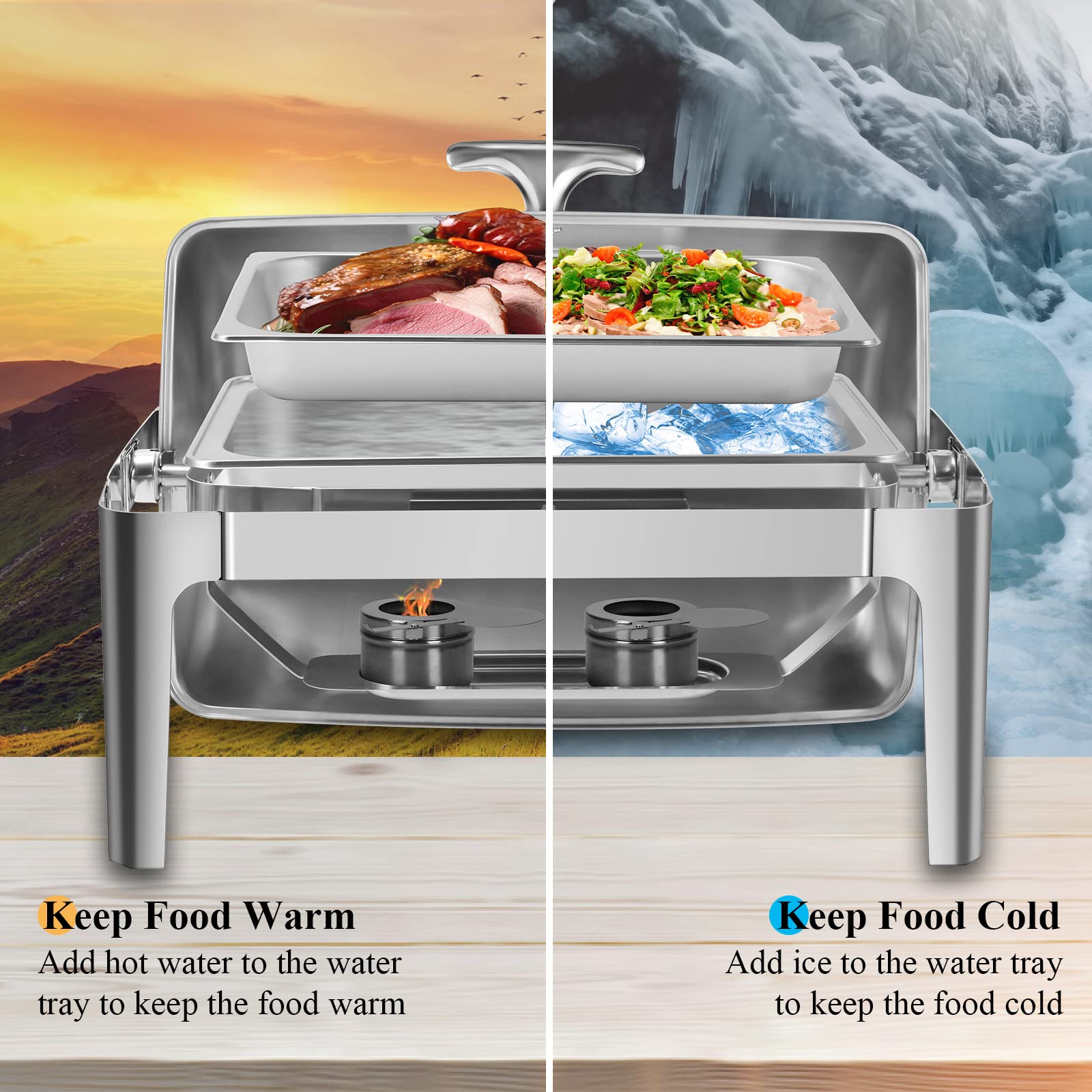 Amhier 9 Qt Chafing Dish Buffet Set with Visible Roll Top, Stainless Steel Buffet Servers and Warmers for Catering, Parties, Hotels and Weddings, 1&2 Pan, Silver