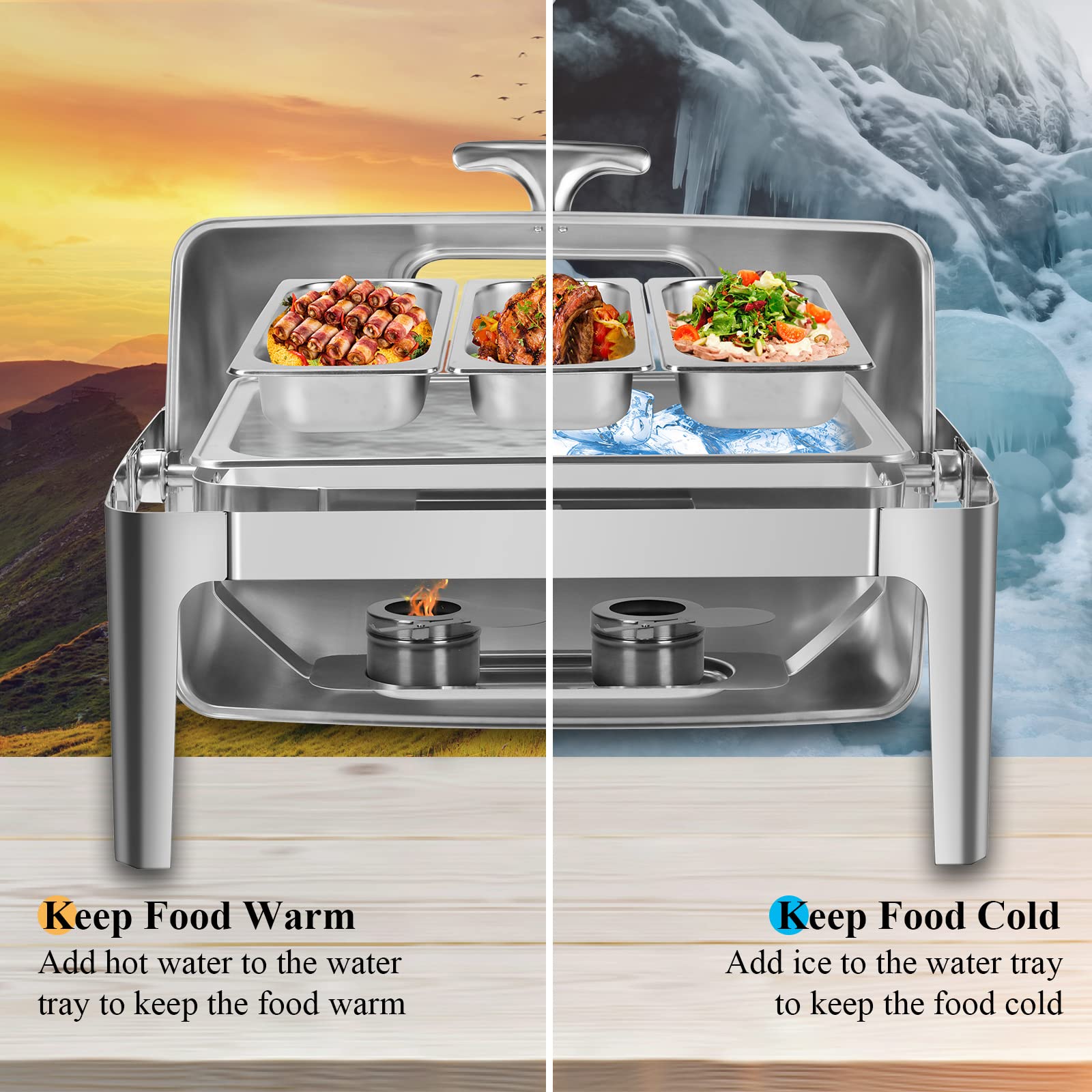 Amhier 9 Qt Chafing Dish Buffet Set with Visible Roll Top, Stainless Steel Buffet Servers and Warmers for Catering, Parties, Hotels and Weddings, 3 Pan