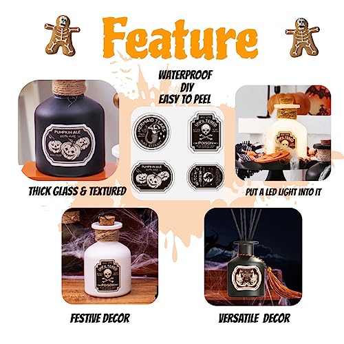 Halloween Decorations Indoor - Halloween Tiered Tray Decor - 3 pcs Glass Potion Bottles with 6pcs Stickers - Black and White Apothecary Bottles - Halloween Decorations for Party Home Table Kitchen