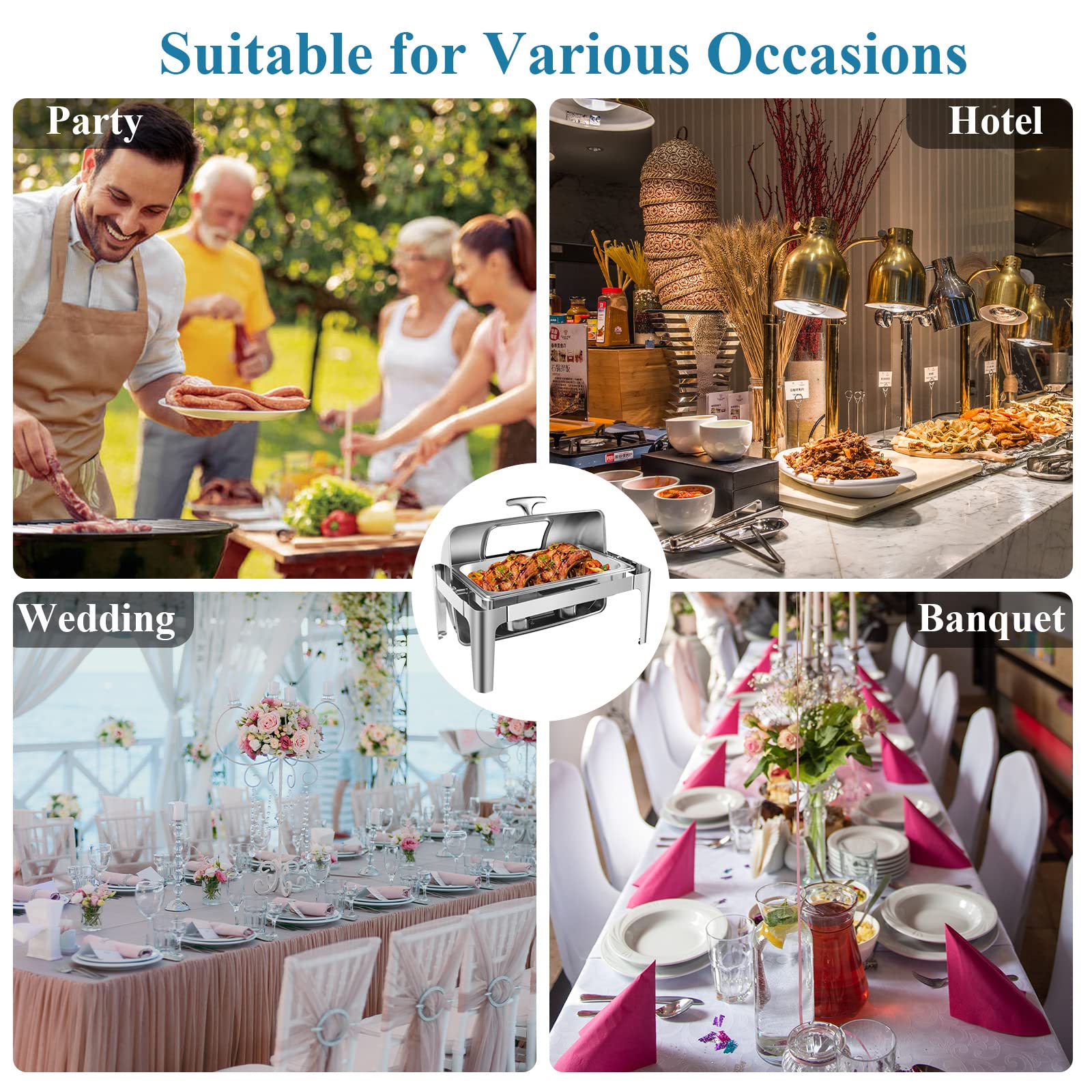 Amhier 9 Qt Chafing Dish Buffet Set with Visible Roll Top, Stainless Steel Buffet Servers and Warmers for Catering, Parties, Hotels and Weddings, 1&2 Pan, Silver