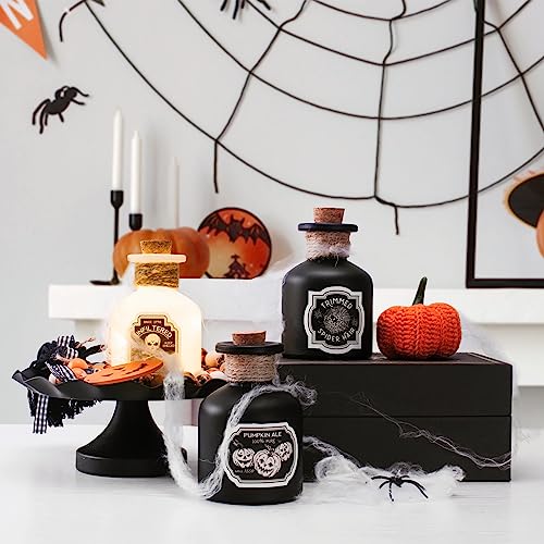 Halloween Decorations Indoor - Halloween Tiered Tray Decor - 3 pcs Glass Potion Bottles with 6pcs Stickers - Black and White Apothecary Bottles - Halloween Decorations for Party Home Table Kitchen