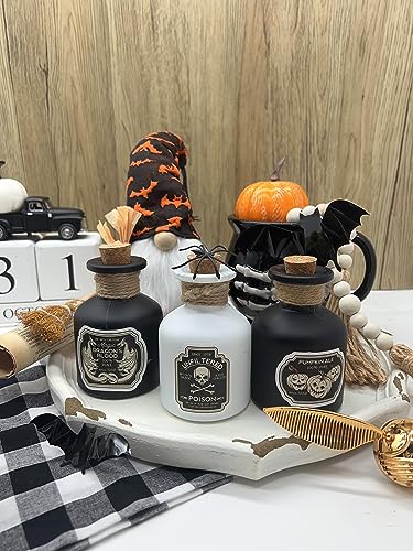 Halloween Decorations Indoor - Halloween Tiered Tray Decor - 3 pcs Glass Potion Bottles with 6pcs Stickers - Black and White Apothecary Bottles - Halloween Decorations for Party Home Table Kitchen