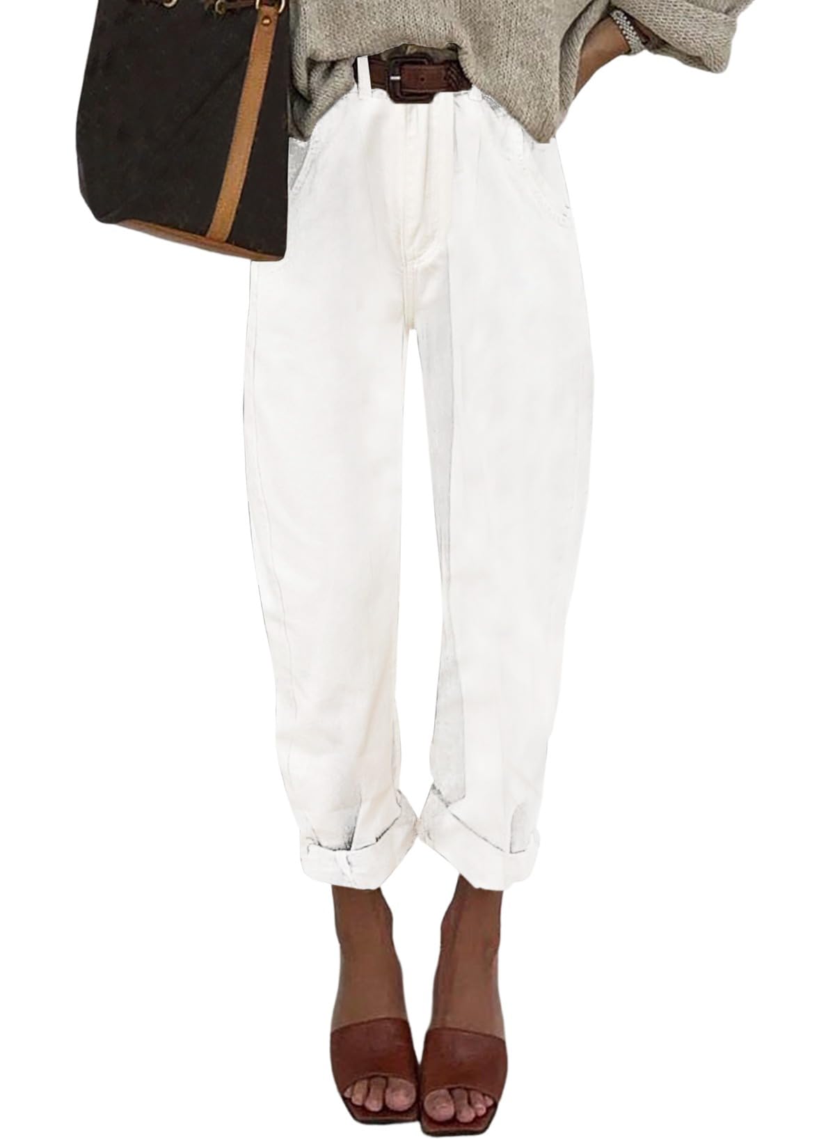 Astylish Women White Jeans High Waist Casual Loose Boyfriend Cropped Mom Denim Pants White Size 18