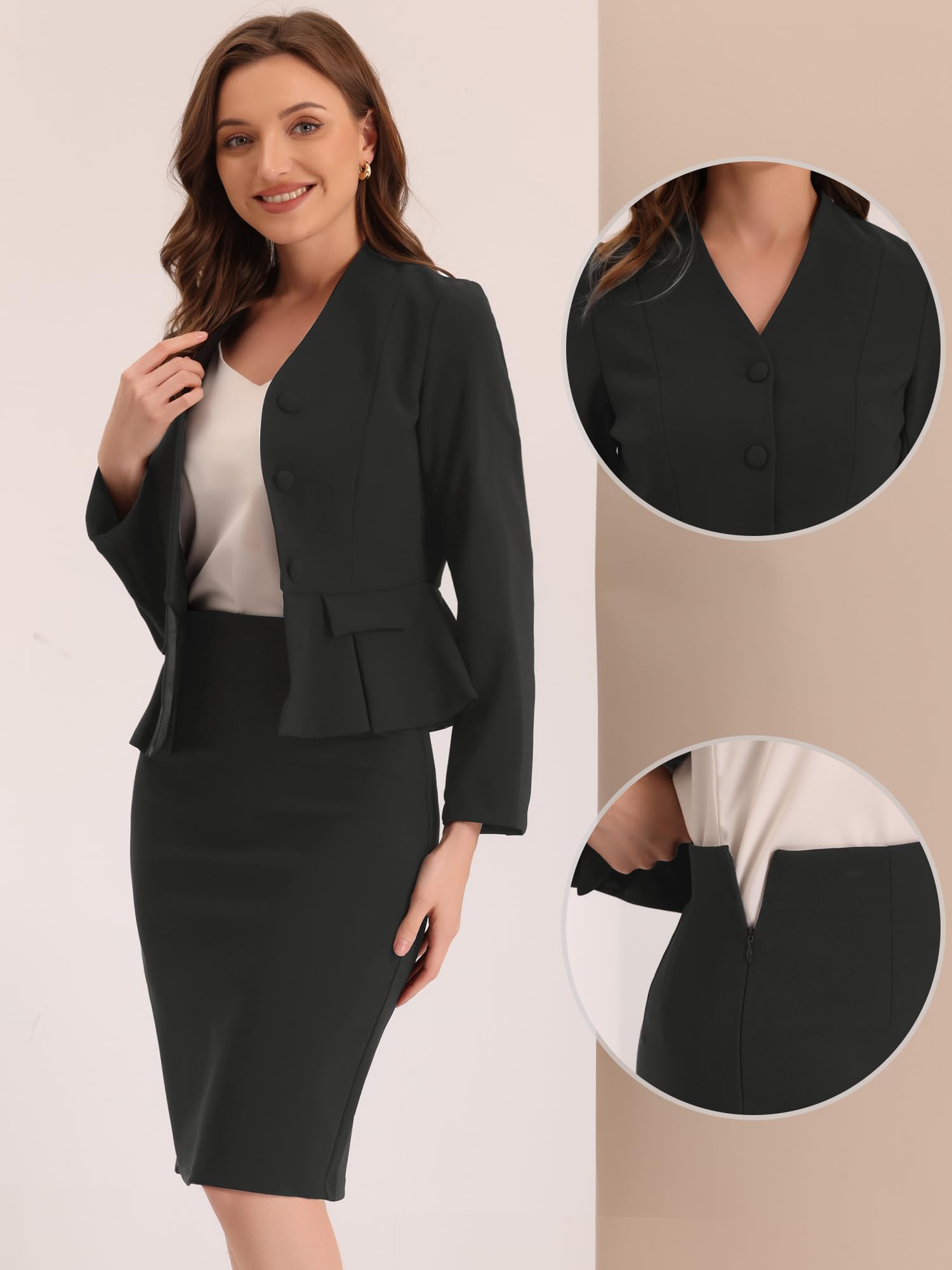 Allegra K Business Suit Sets for Women's 2 Piece Outfits Collarless Peplum Blazer Formal Pencil Skirt Suit Small Black