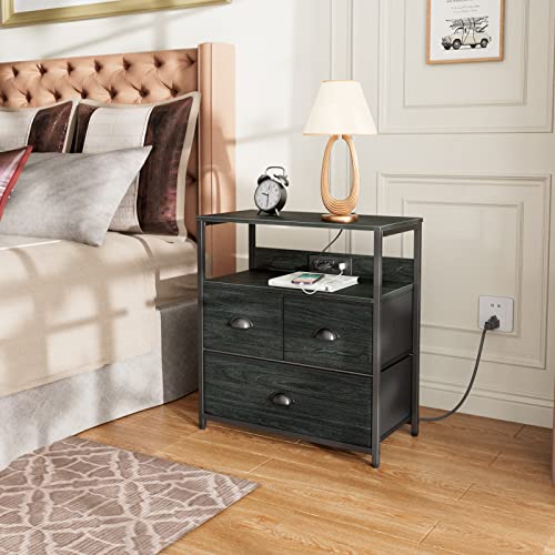 Furnulem Nightstand with Charging Station, Wide Bedside Tables with USB Ports & Power Outlets, 3 Drawer Side Table with Storage Shelf for Bedroom, Living Room, End Table, Black Oak