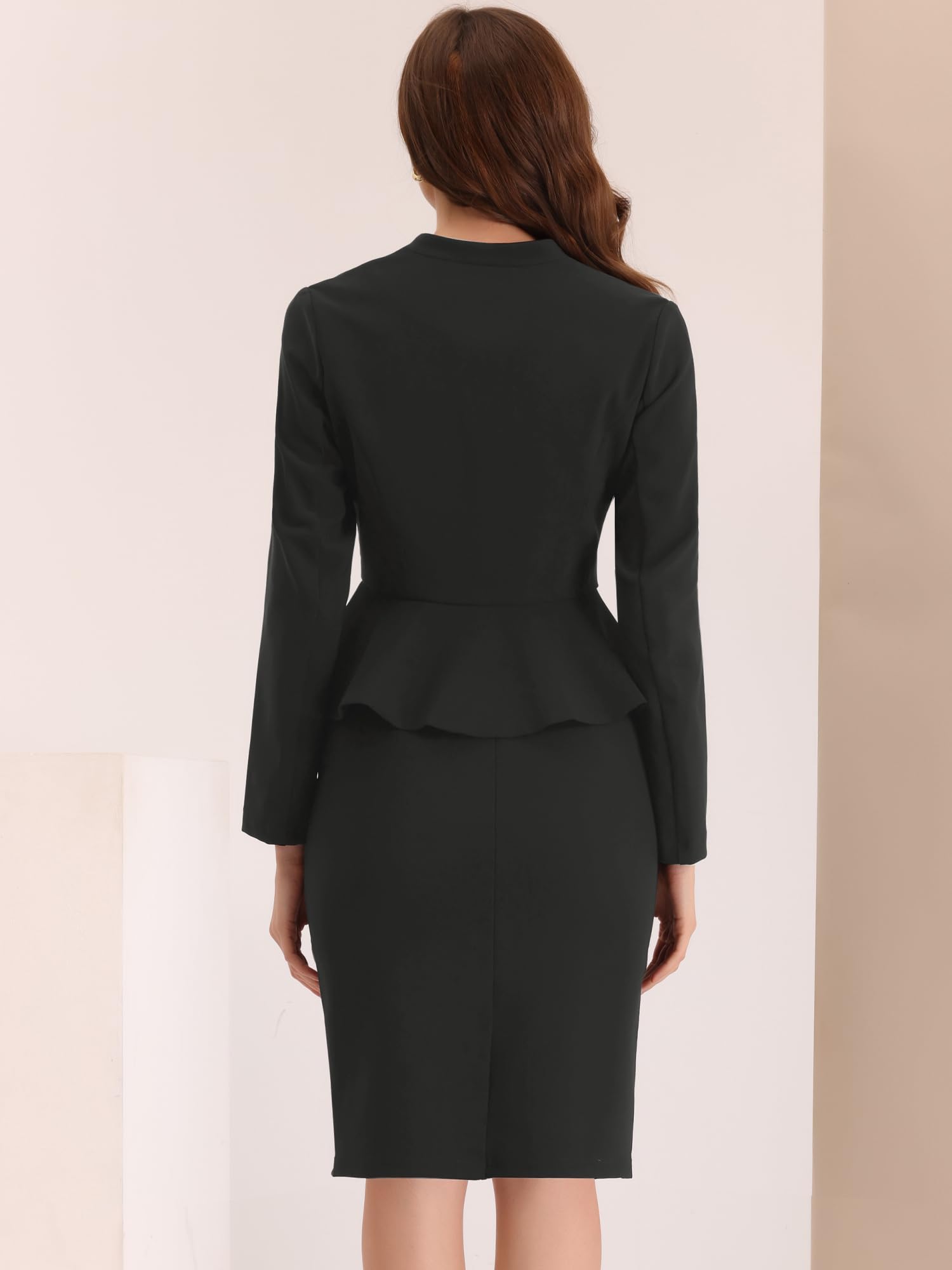 Allegra K Business Suit Sets for Women's 2 Piece Outfits Collarless Peplum Blazer Formal Pencil Skirt Suit Small Black