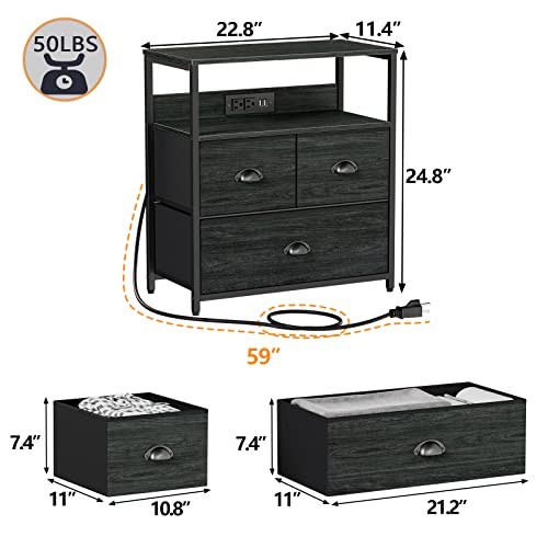 Furnulem Nightstand with Charging Station, Wide Bedside Tables with USB Ports & Power Outlets, 3 Drawer Side Table with Storage Shelf for Bedroom, Living Room, End Table, Black Oak